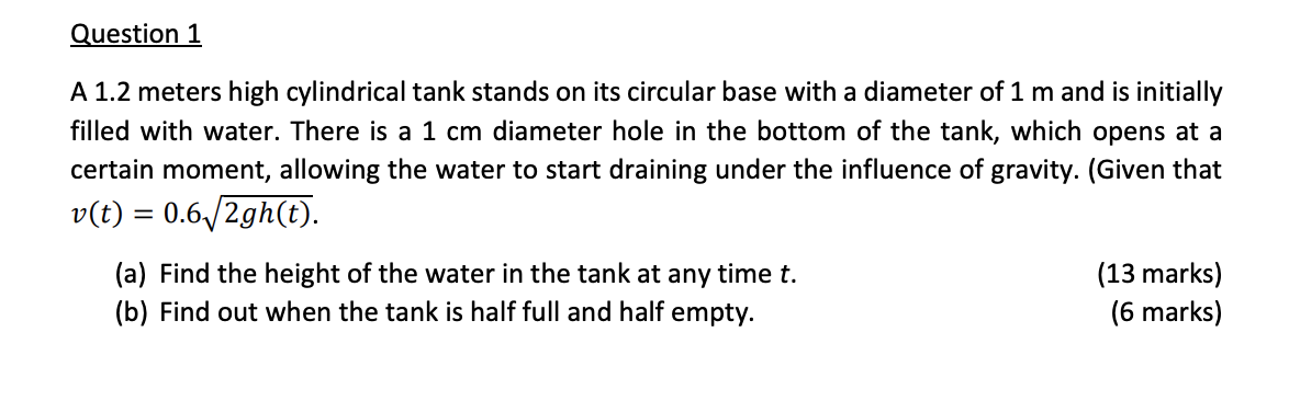 Solved A 1.2 meters high cylindrical tank stands on its | Chegg.com