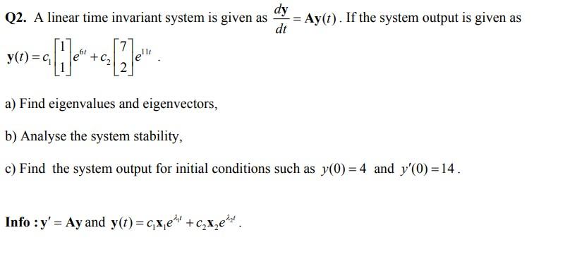 Solved Q2. A linear time invariant system is given as | Chegg.com