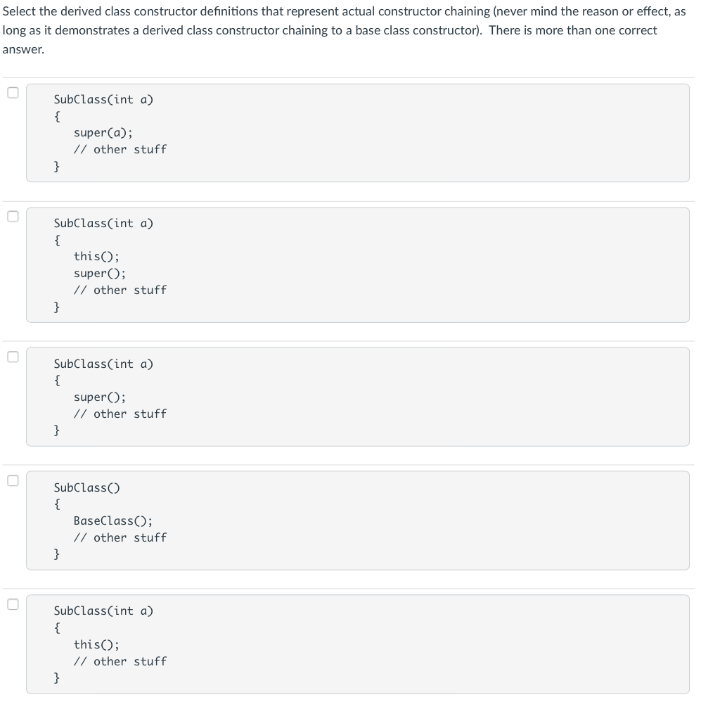 Solved Select the derived class constructor definitions that | Chegg.com