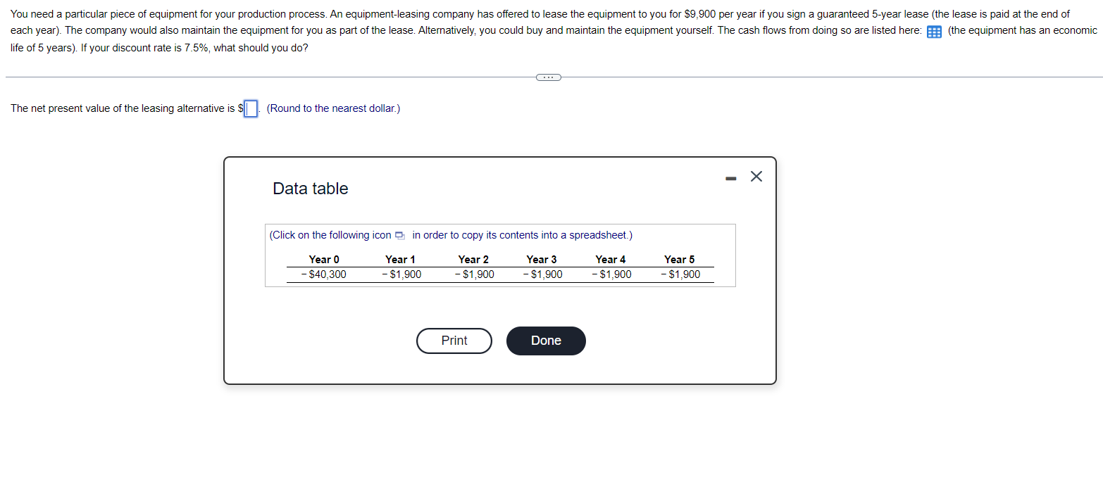 Solved life of 5 ﻿years). ﻿If your discount rate is 7.5%, | Chegg.com