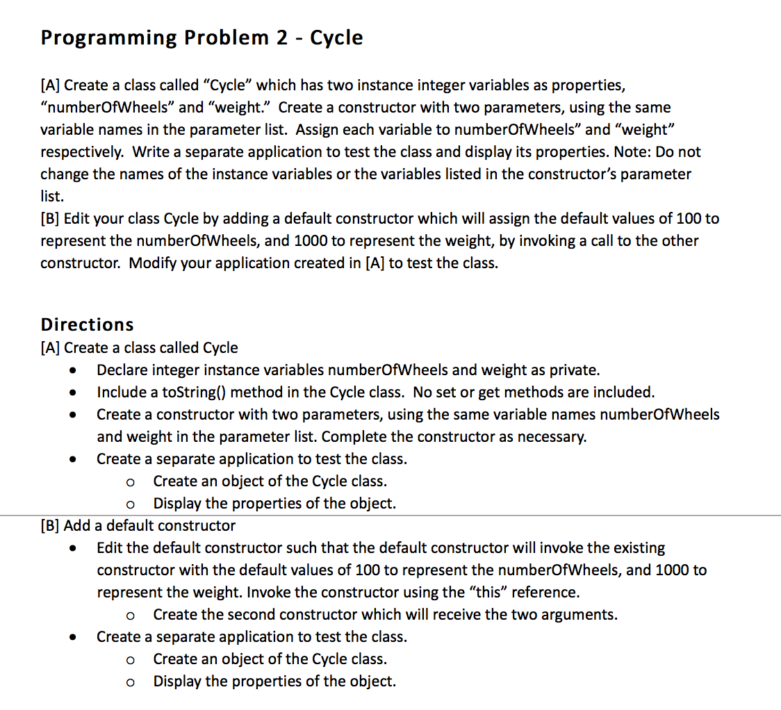Solved Programming Problem 2 - Cycle [A] Create a class | Chegg.com