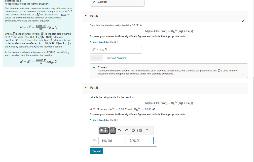 Solved To learn how to use the Nernst equation. The standard | Chegg.com