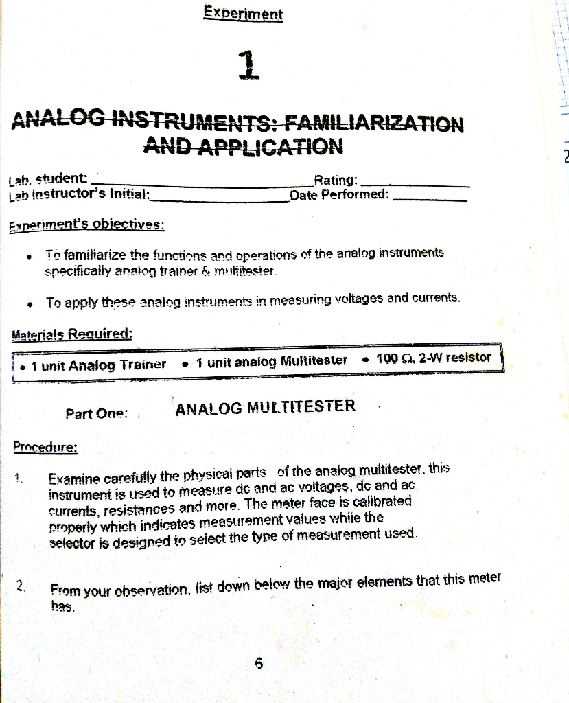 Experiment 1 ANALOG INSTRUMENTS: FAMILIARIZATION AND | Chegg.com