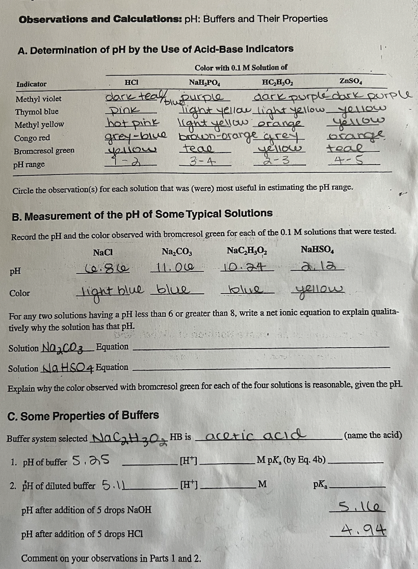 Solved Observations and Calculations: pH: Buffers and Their | Chegg.com