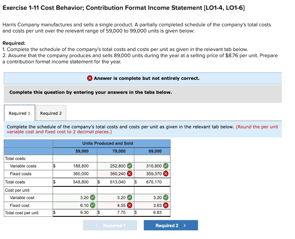 Solved Exercise 1-11 Cost Behavior; Contribution Format | Chegg.com
