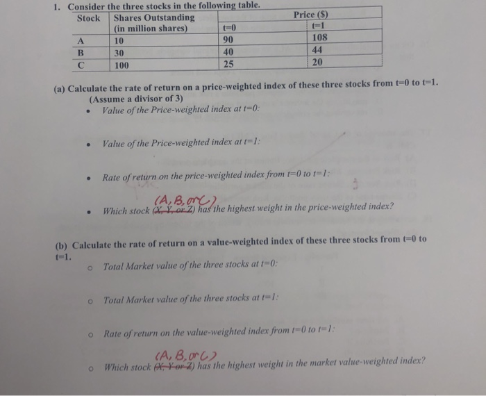 Solved 1. Consider the three stocks in the following table | Chegg.com