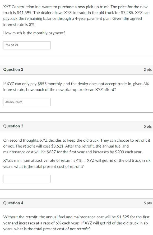 Solved XYZ Construction Inc. wants to purchase a new pick-up | Chegg.com