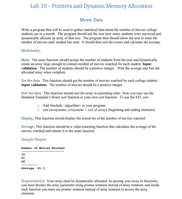 Solved Lab 10 - Pointers and Dynamic Memory Allocation Movie | Chegg.com