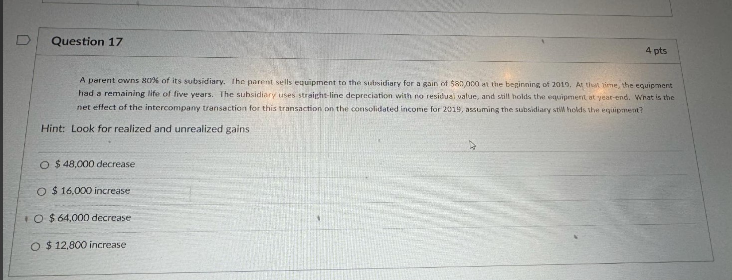 Solved Question 17A parent owns 80% ﻿of its subsidiary. The | Chegg.com