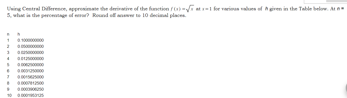 Solved Using Central Difference, approximate the derivative | Chegg.com