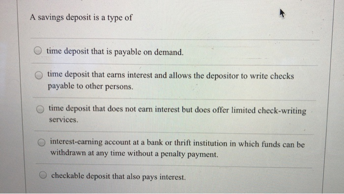 Solved A savings deposit is a type of O time deposit that is | Chegg.com