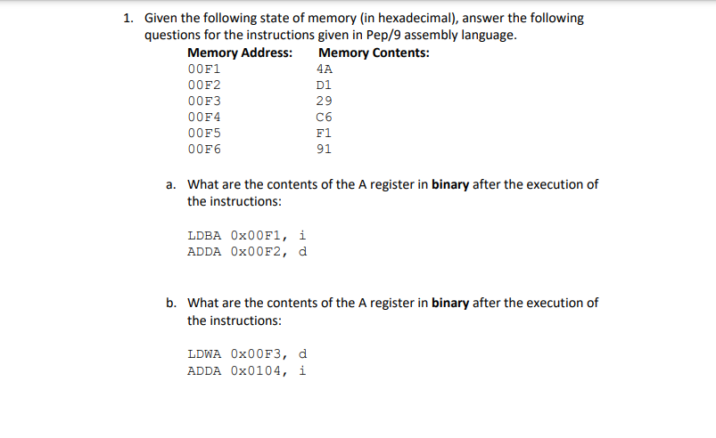 Solved 1. Given the following state of memory (in | Chegg.com