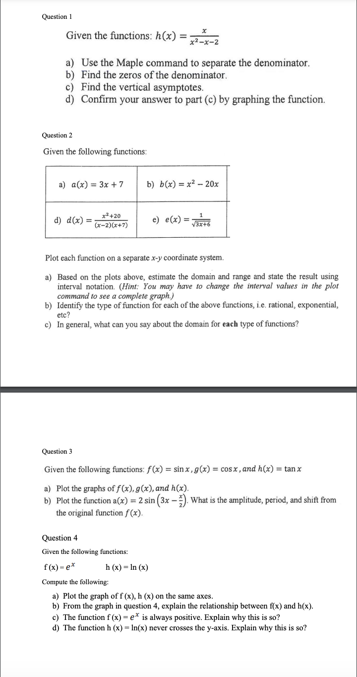 Question 1 Given the functions: h(x)=x2−x−2x a) Use | Chegg.com