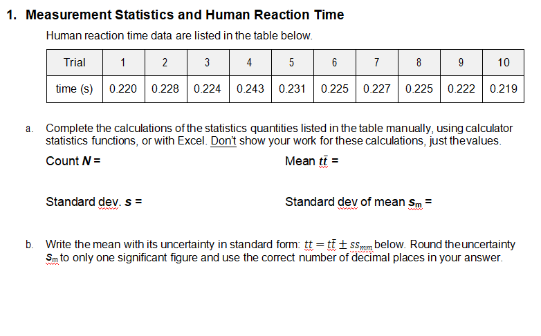 Solved 1. Measurement Statistics and Human Reaction Time | Chegg.com