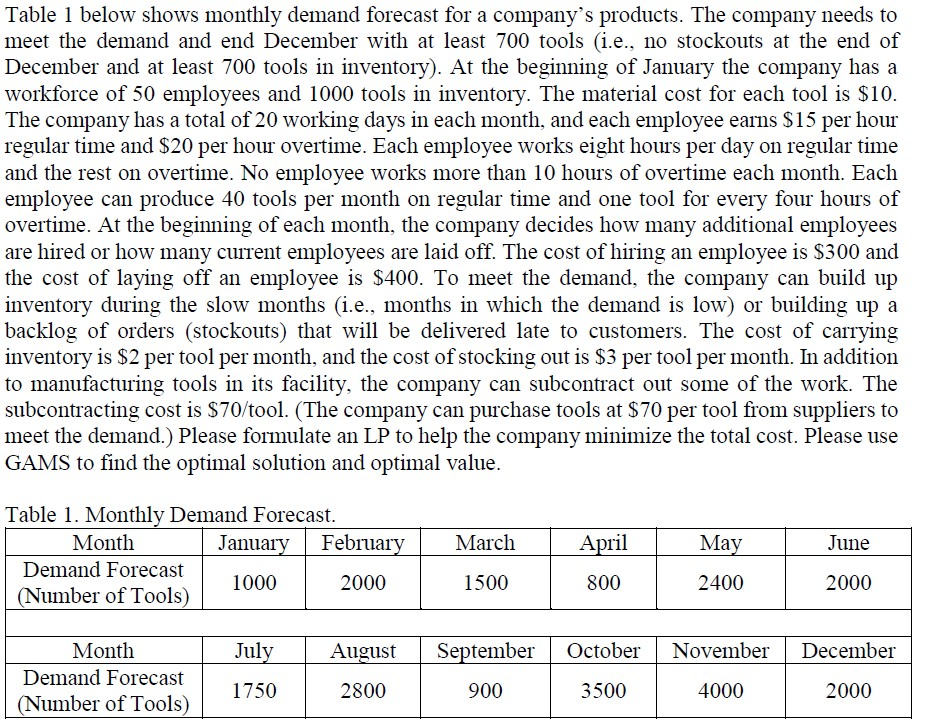 Solved Table 1 below shows monthly demand forecast for a | Chegg.com