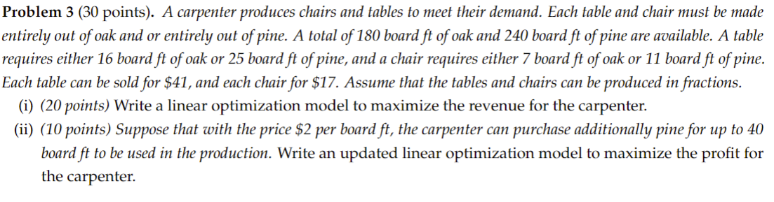 Solved Problem 3 (30 ﻿points). ﻿A carpenter produces chairs | Chegg.com