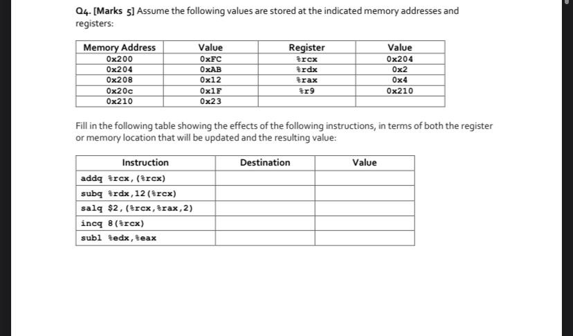 Solved Q4. [Marks 5 ] Assume the following values are stored | Chegg.com