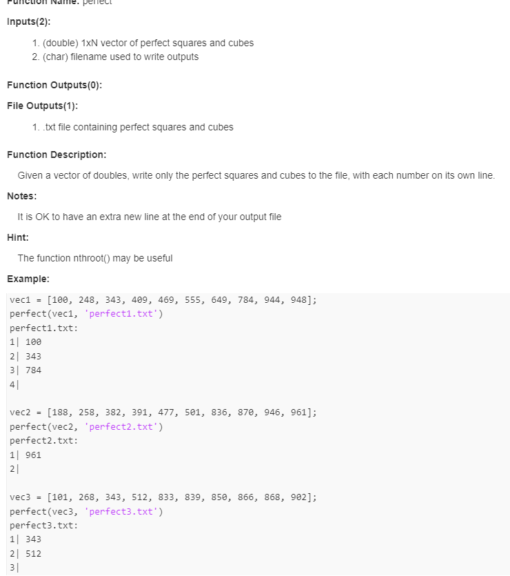Solved Inputs(2): 1. (double) 1xN vector of perfect squares | Chegg.com