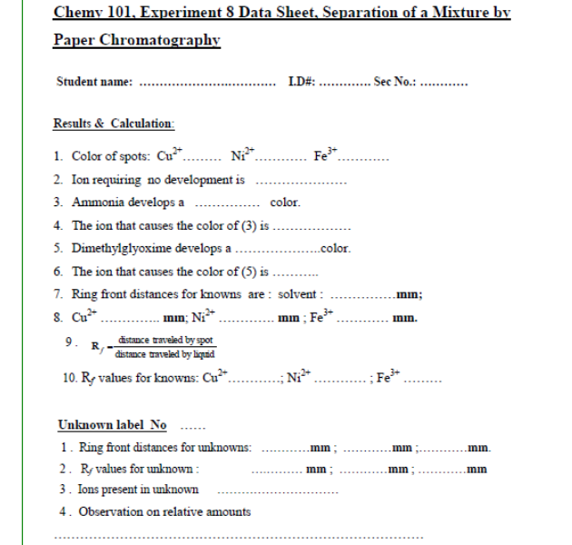 Solved Chemy 101, Experiment 8 Data Sheet, Separation of a | Chegg.com