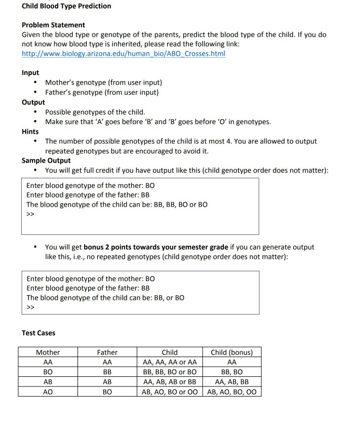 Solved Child Blood Type Prediction Problem Statement Given | Chegg.com