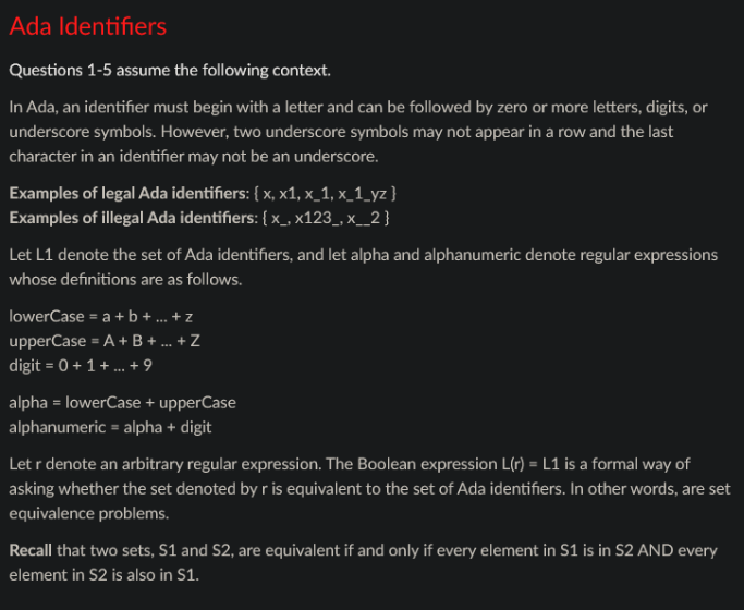 Solved Ada Identifiers Questions 1-5 assume the following | Chegg.com