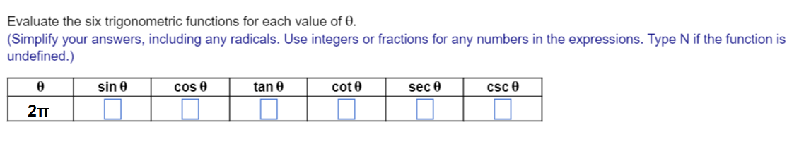 Solved Evaluate the six trigonometric functions for each | Chegg.com