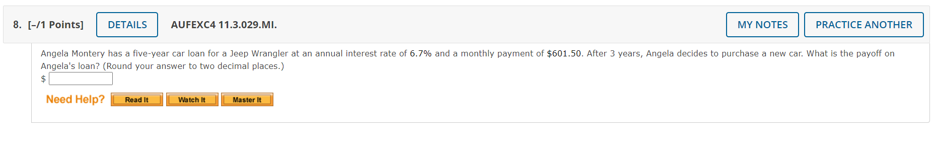 Solved 8. [-/1 Points] DETAILS AUFEXC4 11.3.029.MI. MY NOTES | Chegg.com