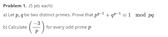 Solved Problem 1. (5 pts each) a) Let p, q be two distinct | Chegg.com