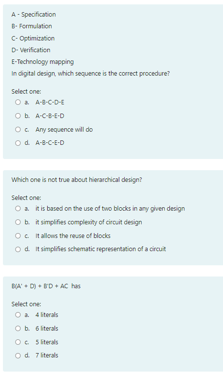 Solved A - Specification B- Formulation C- Optimization D- | Chegg.com
