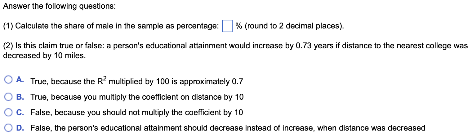 Solved Using the Excel data set, College Distance, described | Chegg.com