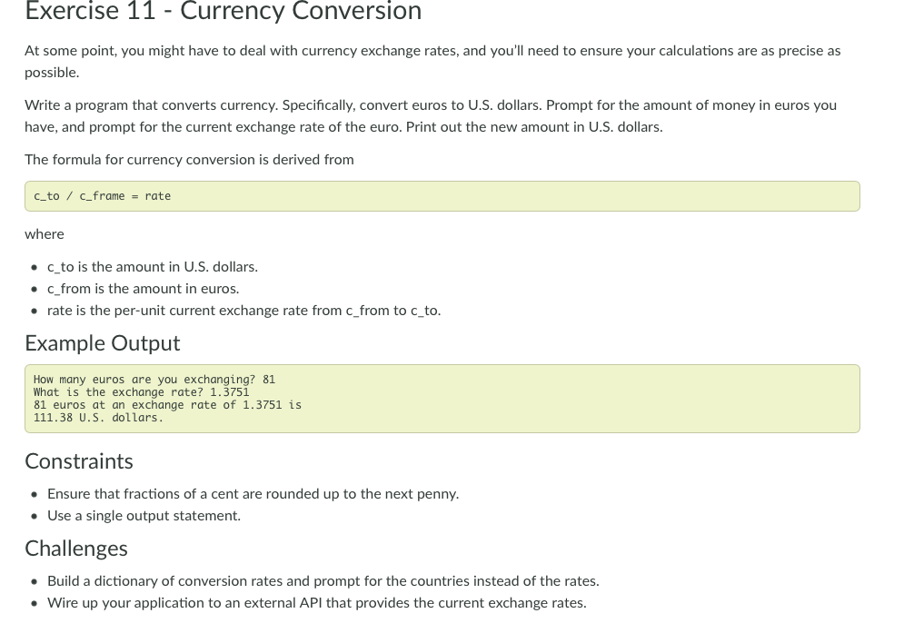 Solved Exercise 11 - Currency Conversion At some point, you | Chegg.com