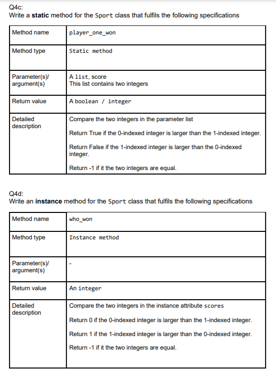 Solved Q4c: Write a static method for the Sport class that | Chegg.com