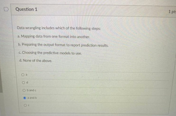 Solved Question 1 1 pts Data wrangling includes which of the | Chegg.com