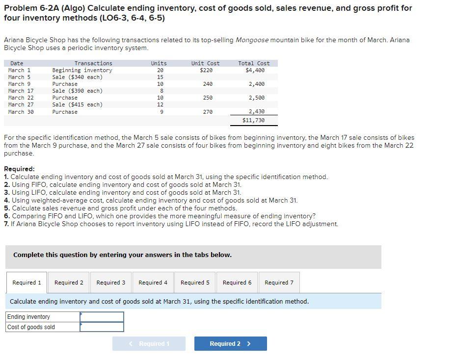 Solved Problem 6-2A (Algo) Calculate ending inventory, cost | Chegg.com
