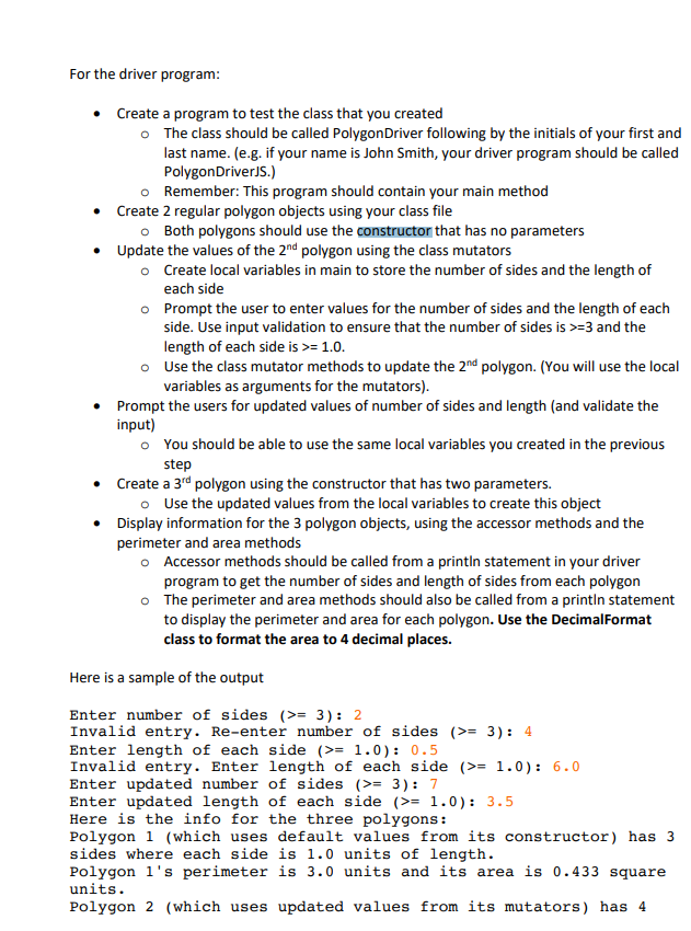 Solved Java Exercise 6 N-sided Regular Polygon Class and | Chegg.com