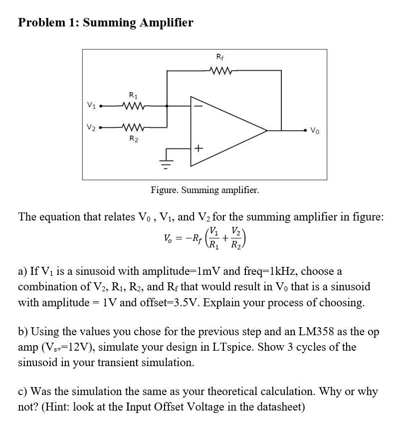 Solved Problem 1: Summing Amplifier RA w R1 V1 V2 VO R2 | Chegg.com