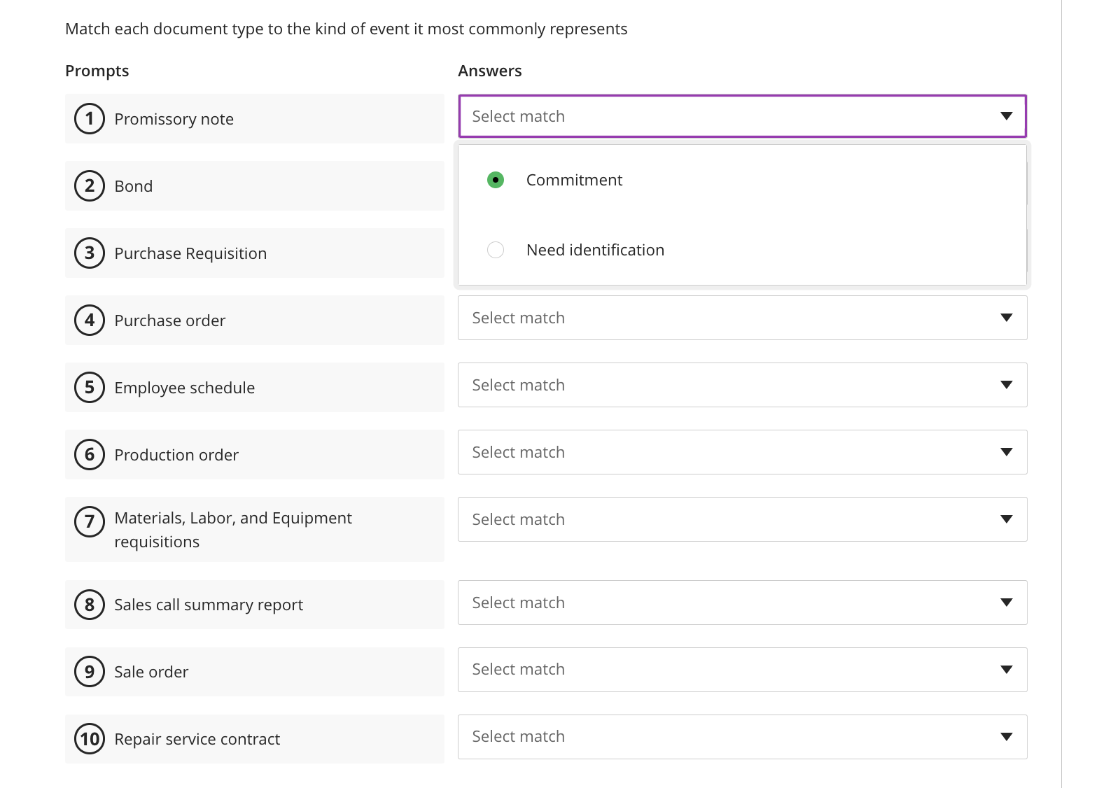 Solved Match each document type to the kind of event it most | Chegg.com