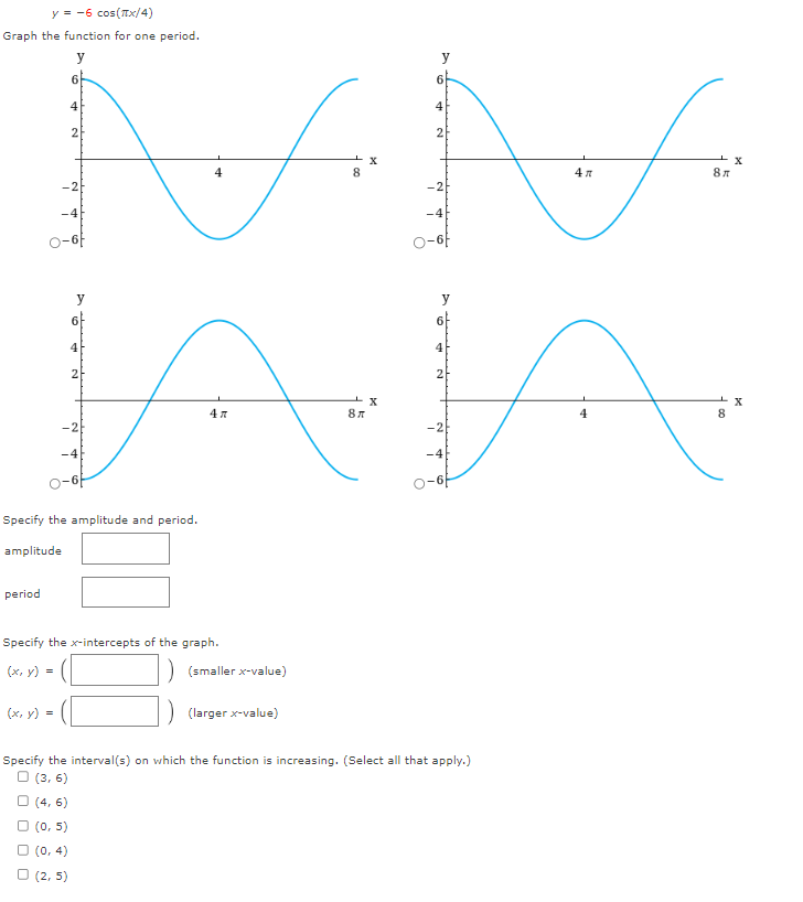y=−6cos(πx/4) Graph the function for one period. | Chegg.com
