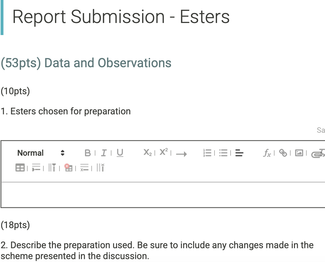 Report Submission - Esters (53pts) Data and | Chegg.com