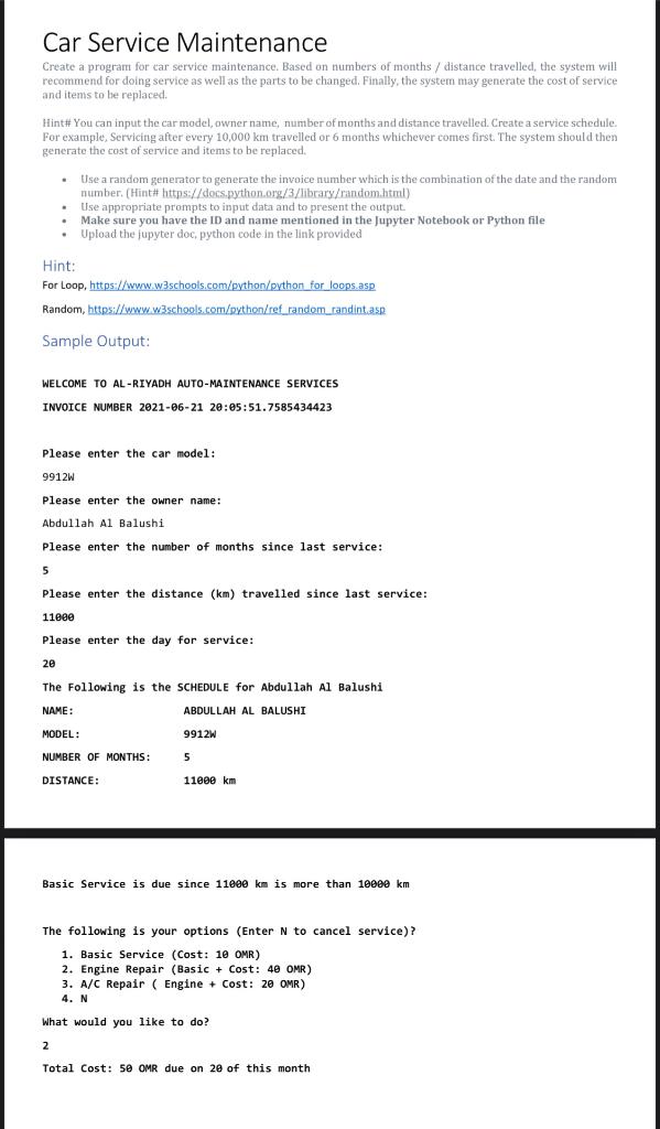 Solved Car Service Maintenance Create a program for car | Chegg.com