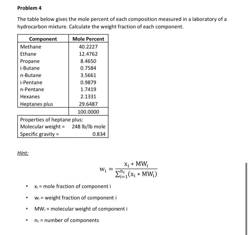 Solved Problem 4 The table below gives the mole percent of | Chegg.com