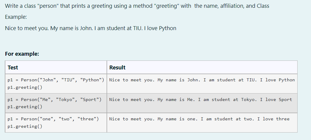 Solved Write a class "person" that prints a greeting using a | Chegg.com