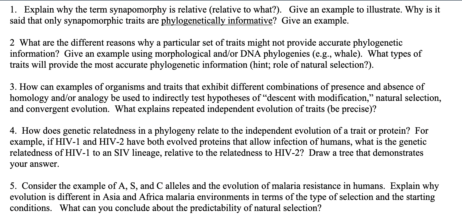 Solved 1. Explain why the term synapomorphy is relative | Chegg.com