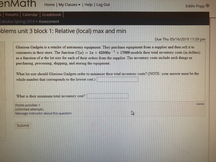 Solved nMath Home | My Classes | Help | Log Out Eddie Popp | Chegg.com