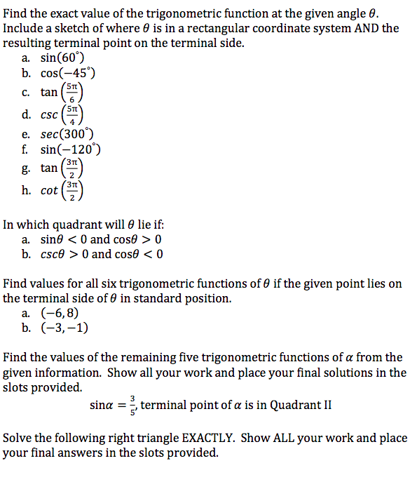 Solved Find the exact value of the trigonometric function at | Chegg.com