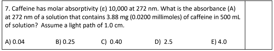 Solved 7. Caffeine has molar absorptivity (€) 10,000 at 272 | Chegg.com