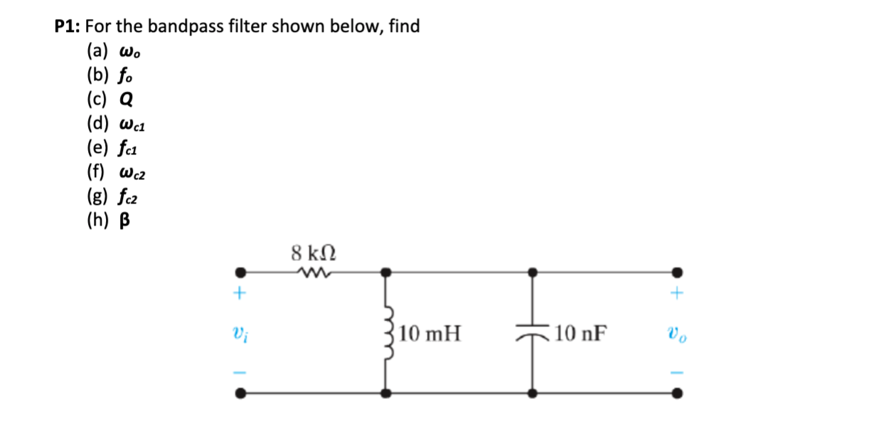 Solved P1: For the bandpass filter shown below, find (a) ω0 | Chegg.com