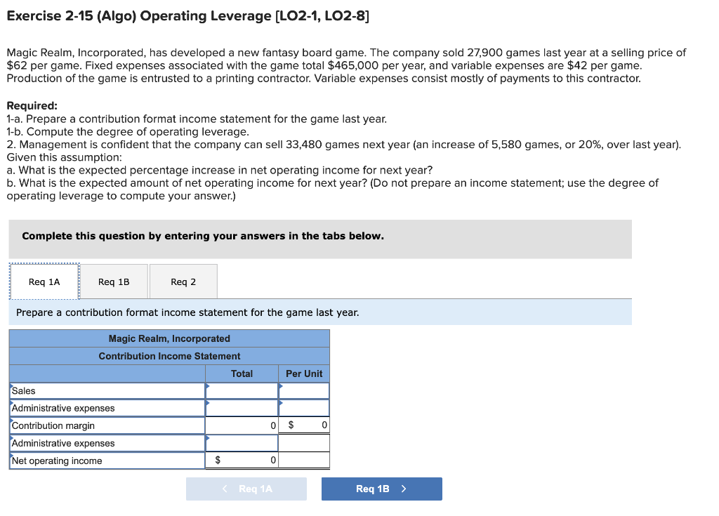 Solved Exercise 2-15 (Algo) Operating Leverage [LO2-1, | Chegg.com