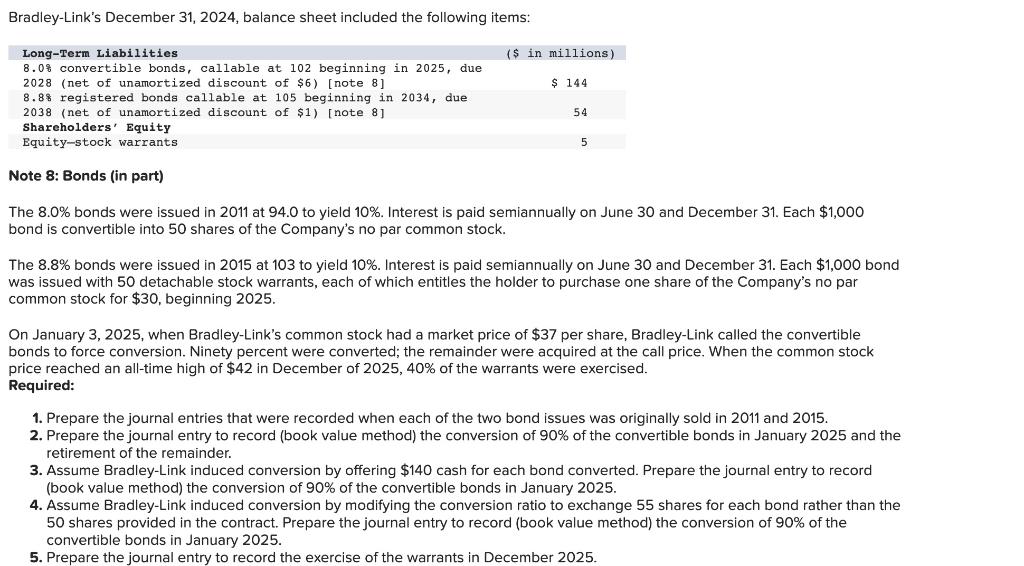 Solved Bradley-Link's December 31,2024 , balance sheet | Chegg.com