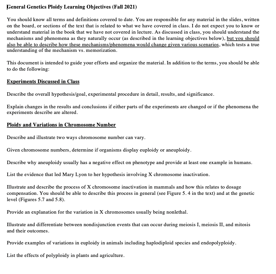 Solved General Genetics Ploidy Learning Objectives (Fall | Chegg.com